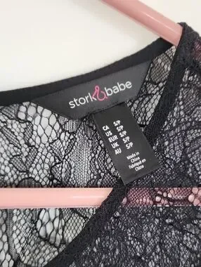 stork & babe | Tops | Black Floral Lace Yoke Mini Dress With Pink Roses ...